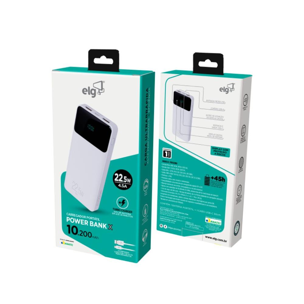 Power Bank, ELG, 10200mAh, Display Indicador, Branco, 3 Saídas USB-C e USB-A